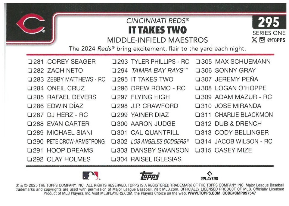 2025 Topps Series 1 #295 "It Takes Two" Cincinnati Reds Baseball Card ...