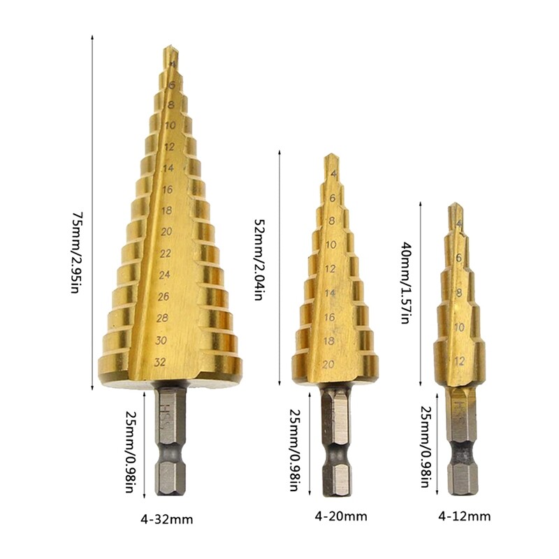 HSS Step Drill Bit Set of 3, 4-12mm 4-20mm 4-32mm Cone Titanium Wood ...