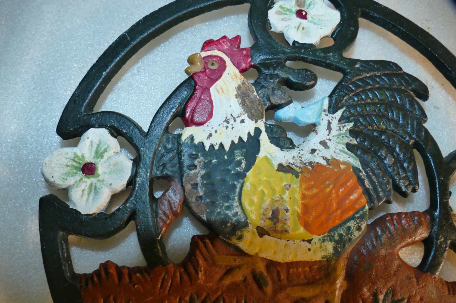 2 Rooster Chicken Trivets Vintage Cast Iron Colorful Painted And ...