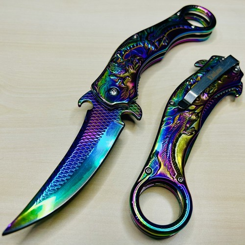 9”Rainbow CSGO Dragon Tactical Karambit Assisted Open Blade Folding ...