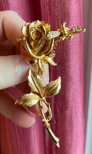 Vintage Marcel Boucher gold tone "Trembler" flower/rose & dragonfly pin ...