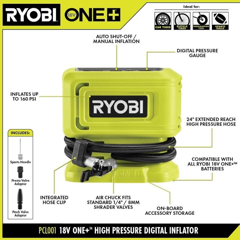 RYOBI 18V Cordless High Pressure Digital Inflator Air Compressor Tire ...