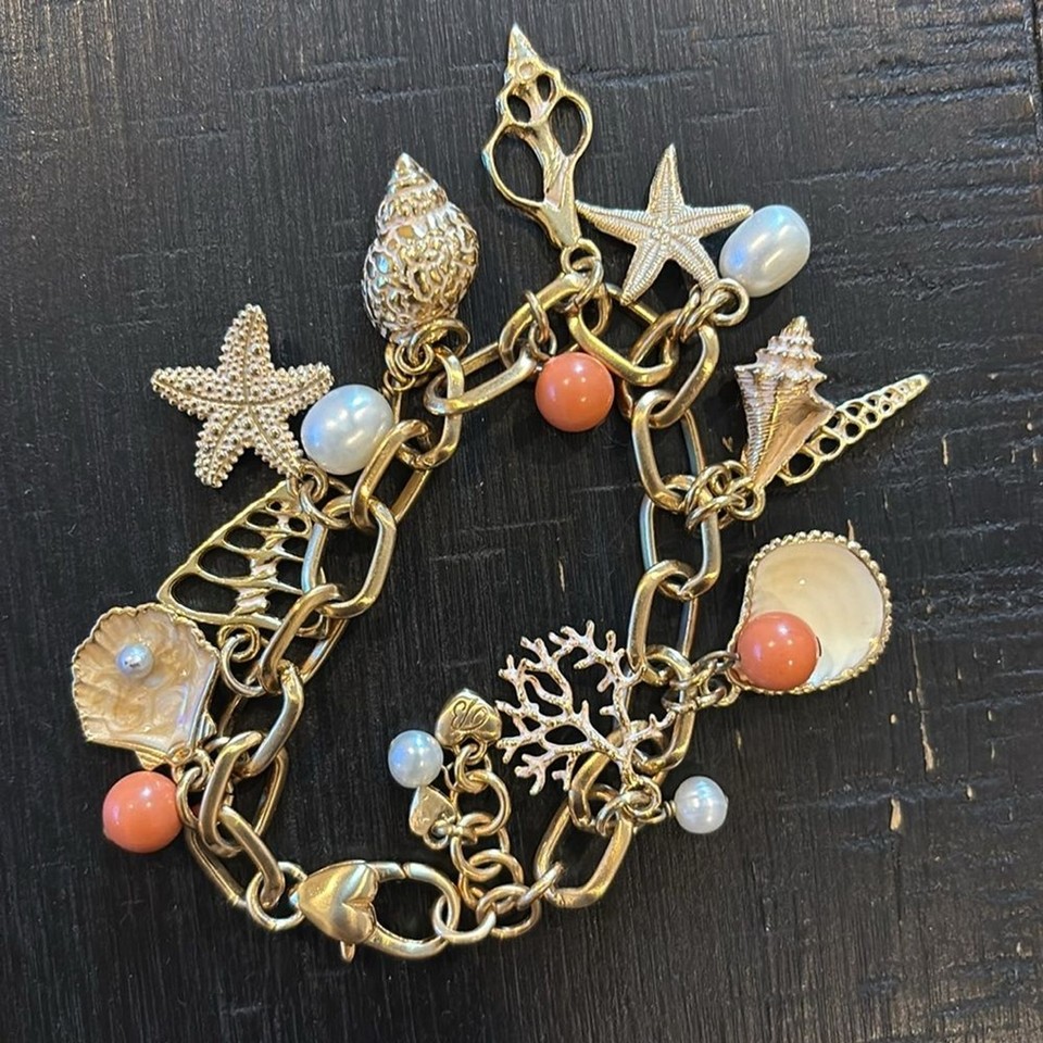Brighton Bracelet Sea Charms Pearl Coral Orange Gold Tone Chain ...