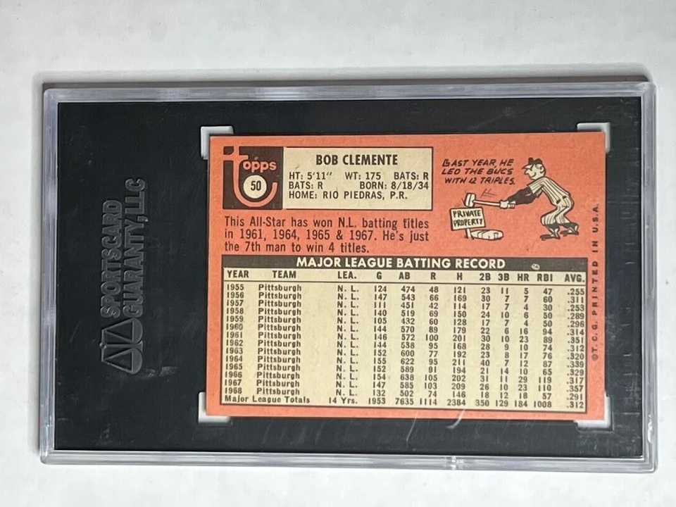 1969 TOPPS #50 ROBERTO BOB CLEMENTE PIRATES BASEBALL CARD SGC 4.5 VG ...