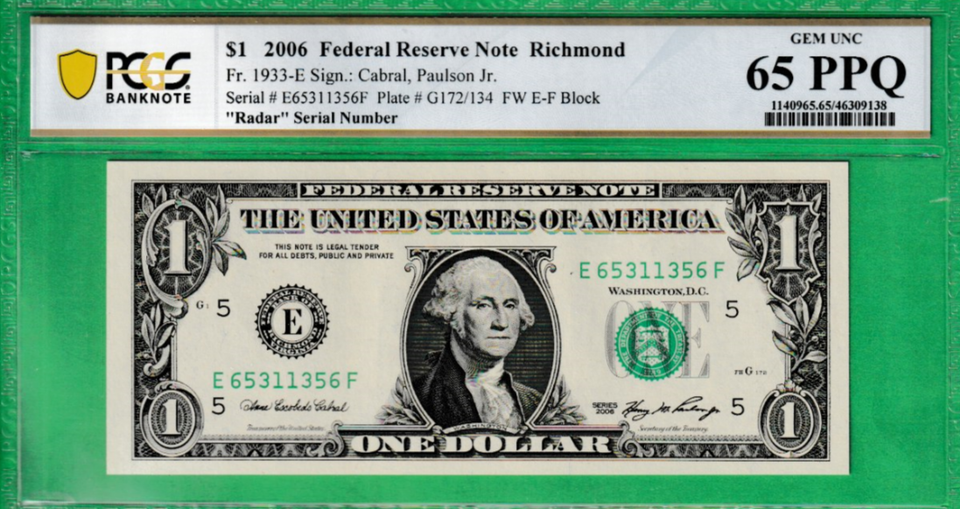 $1 ONE DOLLAR Federal Reserve note RADAR Serial Numbers 6531-1356 PCGS ...