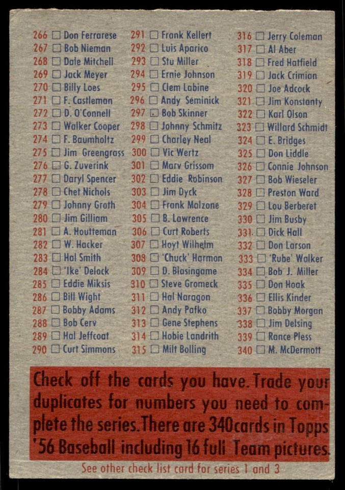 1956 Topps Checklist: 101-180; 261-340 Unmarked EX-EXMINT SET BREAK! | eBay