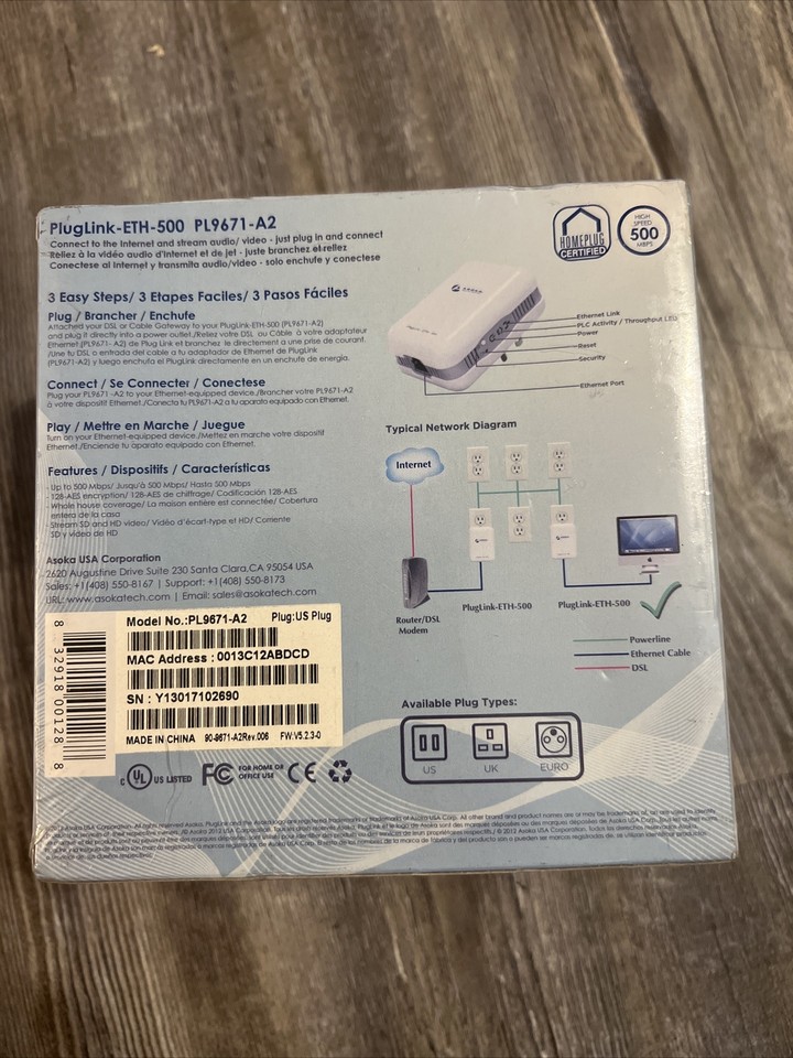 (1 PC) Asoka PL9671-A2 PlugLink-ETH-500 Mbps HomePlug Powerline ...