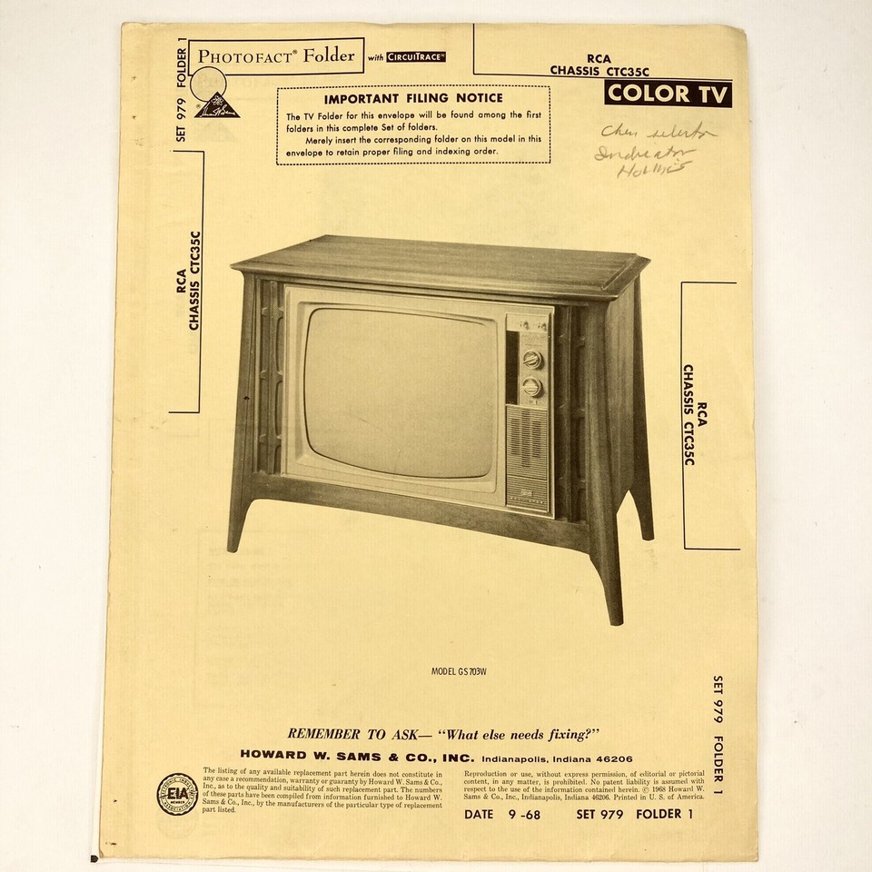 1968 RCA TV Model CTC35C Wire Schematic Service Manual Vintage Original ...