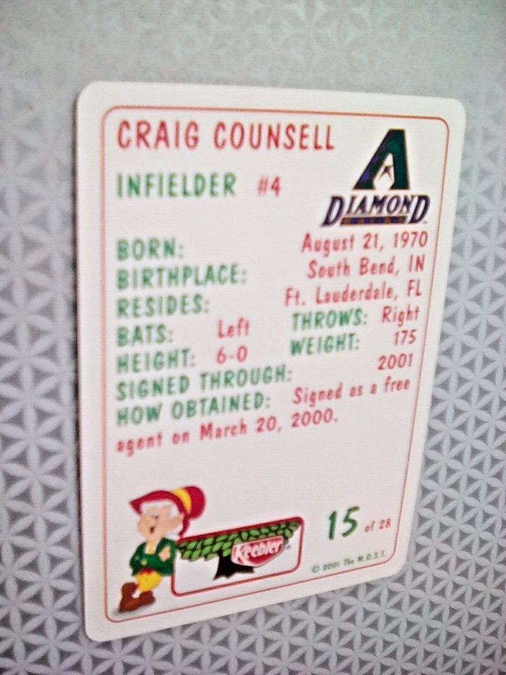 CRAIG COUNSELL 2001 Keebler Arizona Diamondbacks #14 Promo WORLD SERIES ...