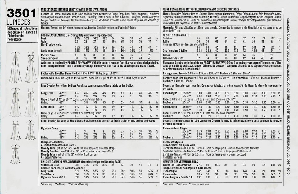 Simplicity Project Runway Sewing Pattern Misses/Juniors/Womens Sizes U ...