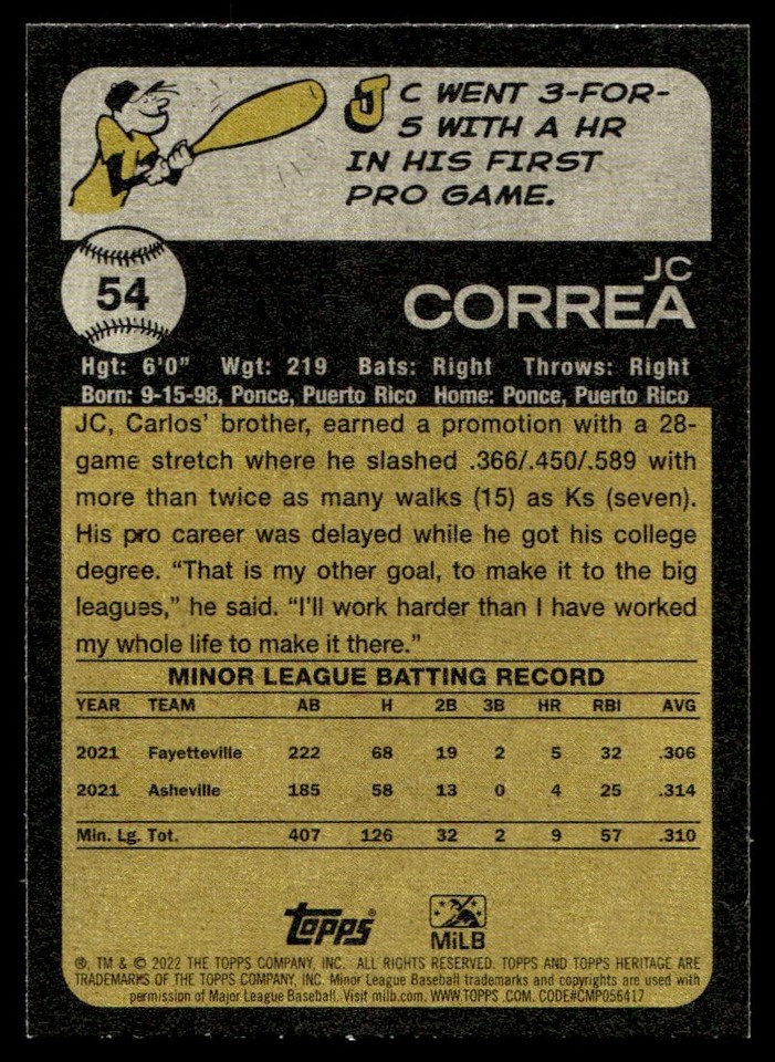 2022 Topps Heritage Minor League JC Correa G32 Asheville Tourists #54 ...