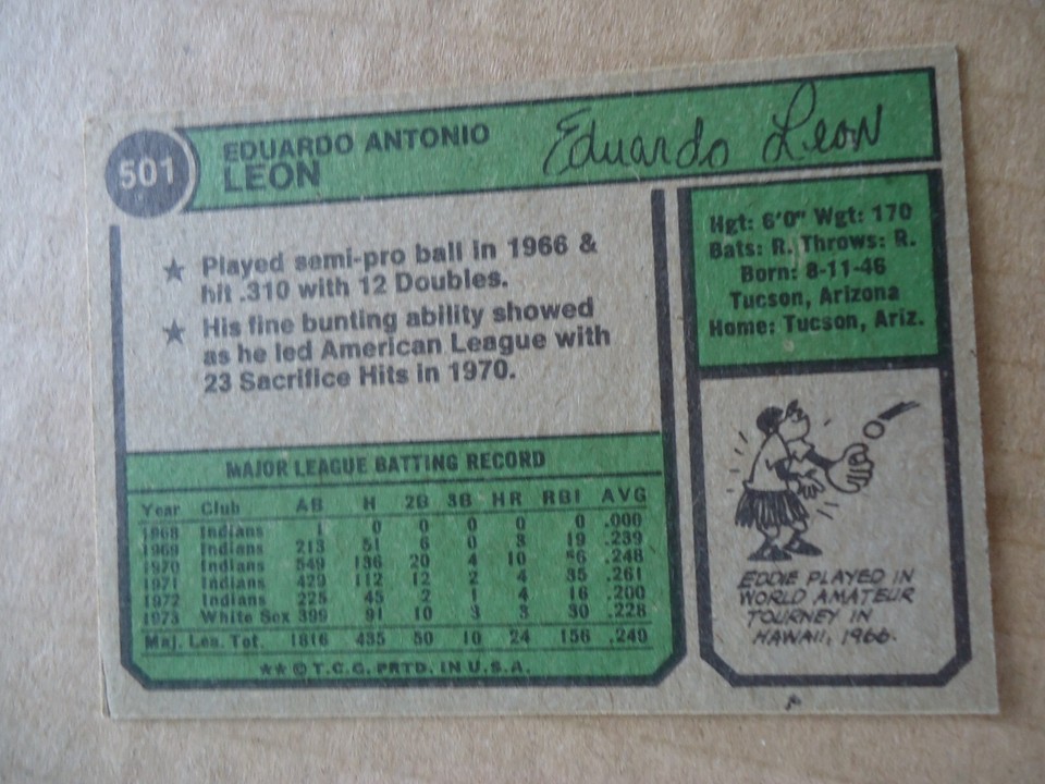 Eddie Leon - 1974 Topps Autographed Baseball card #501 - Chicago White ...