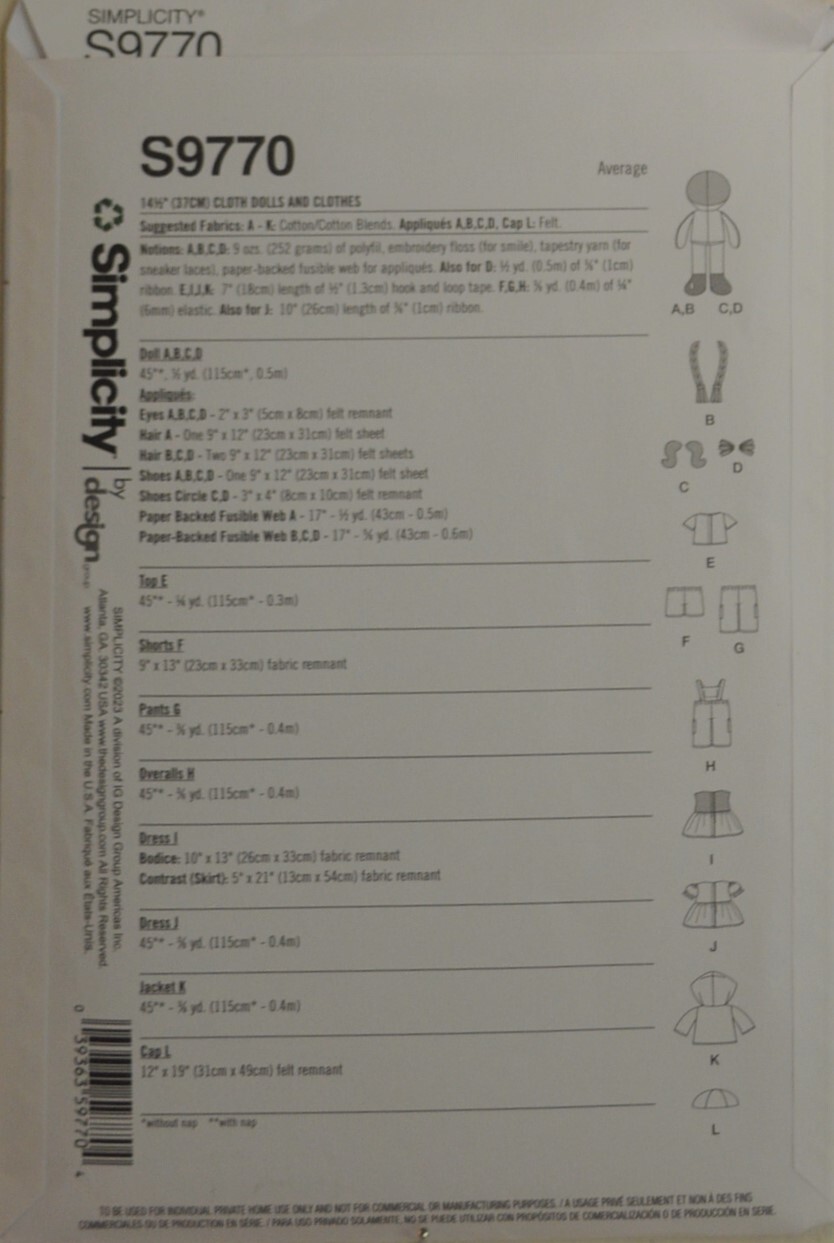 Simplicity sewing pattern S9770 OS One Size Cloth Dolls And Clothes 14. ...