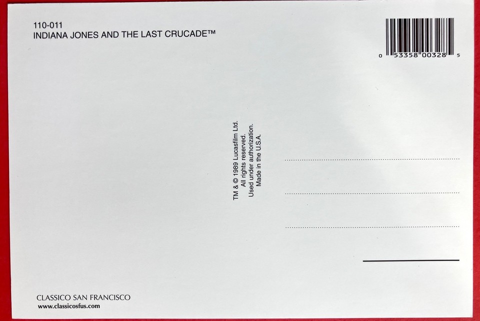 INDIANA JONES & the LAST CRUSADE. Movie poster postcard. 110-011. Typo ...