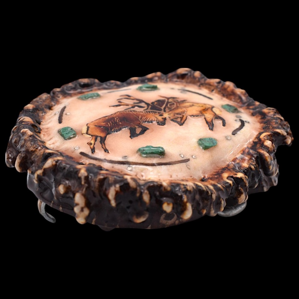 Elk Antler Carving Rosette-Crown-Burr Painted W/Stones Vintage Belt ...