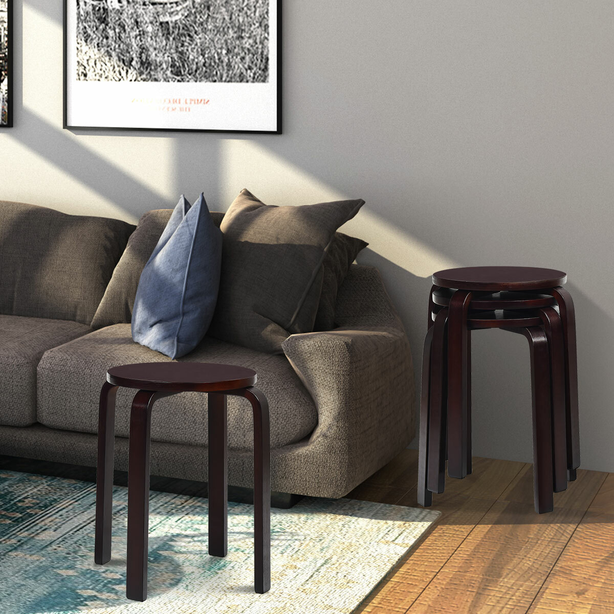 Set of 4 18" Stacking Stool Round Dining Chair Backless Wood Home Decor ...