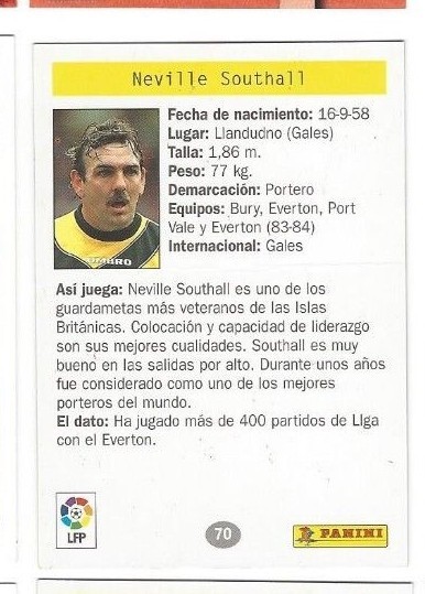 ALL STAR NEVILLE SOUTHALL Rare '96 PANINI CARD with EVERTON FC | eBay