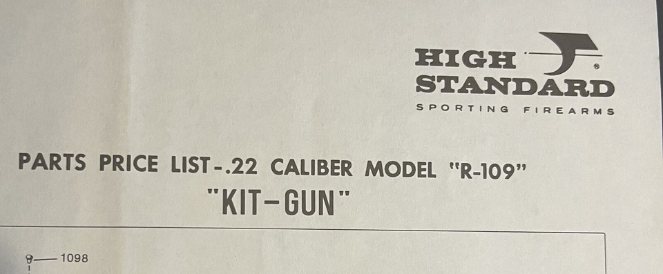 HIGH STANDARD Kit Gun R-109 .22 Caliber Schematic Parts Vintage Sheet ...