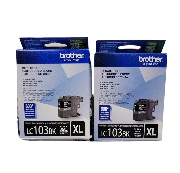 2 Pack-Brother LC103BK XL Black Ink Cartridge Genuine 600-Page Yield ...