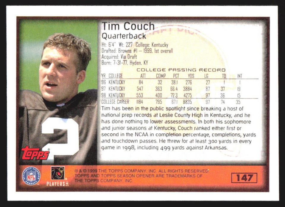1999 Topps Tim Couch #147 RC Cleveland Browns 1Z | eBay