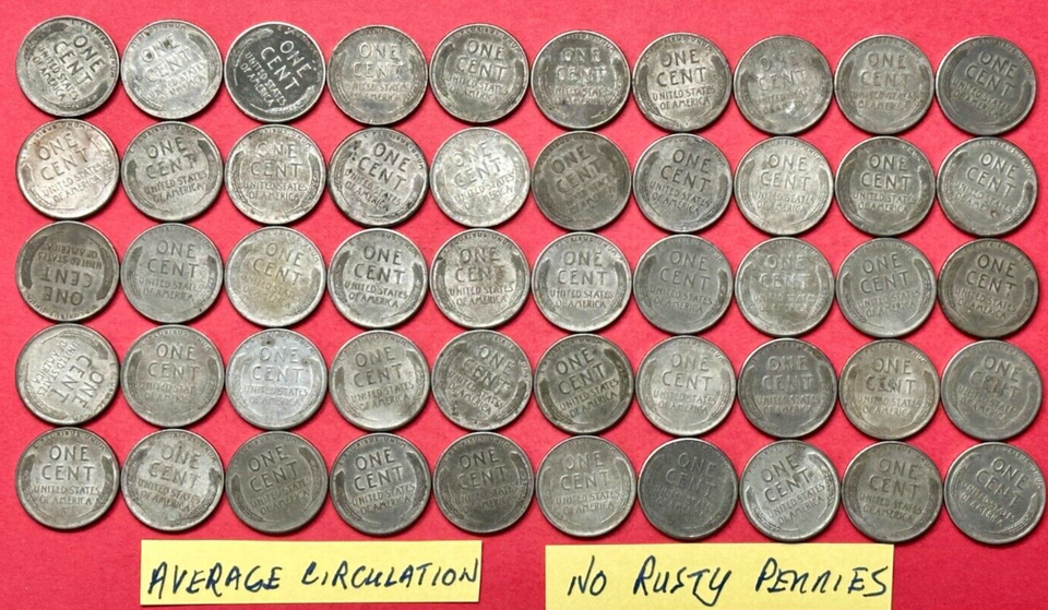 1943 STEEL LINCOLN WHEAT PENNY ROLL LOT of 50 coins WITH NO RUSTY STEEL ...
