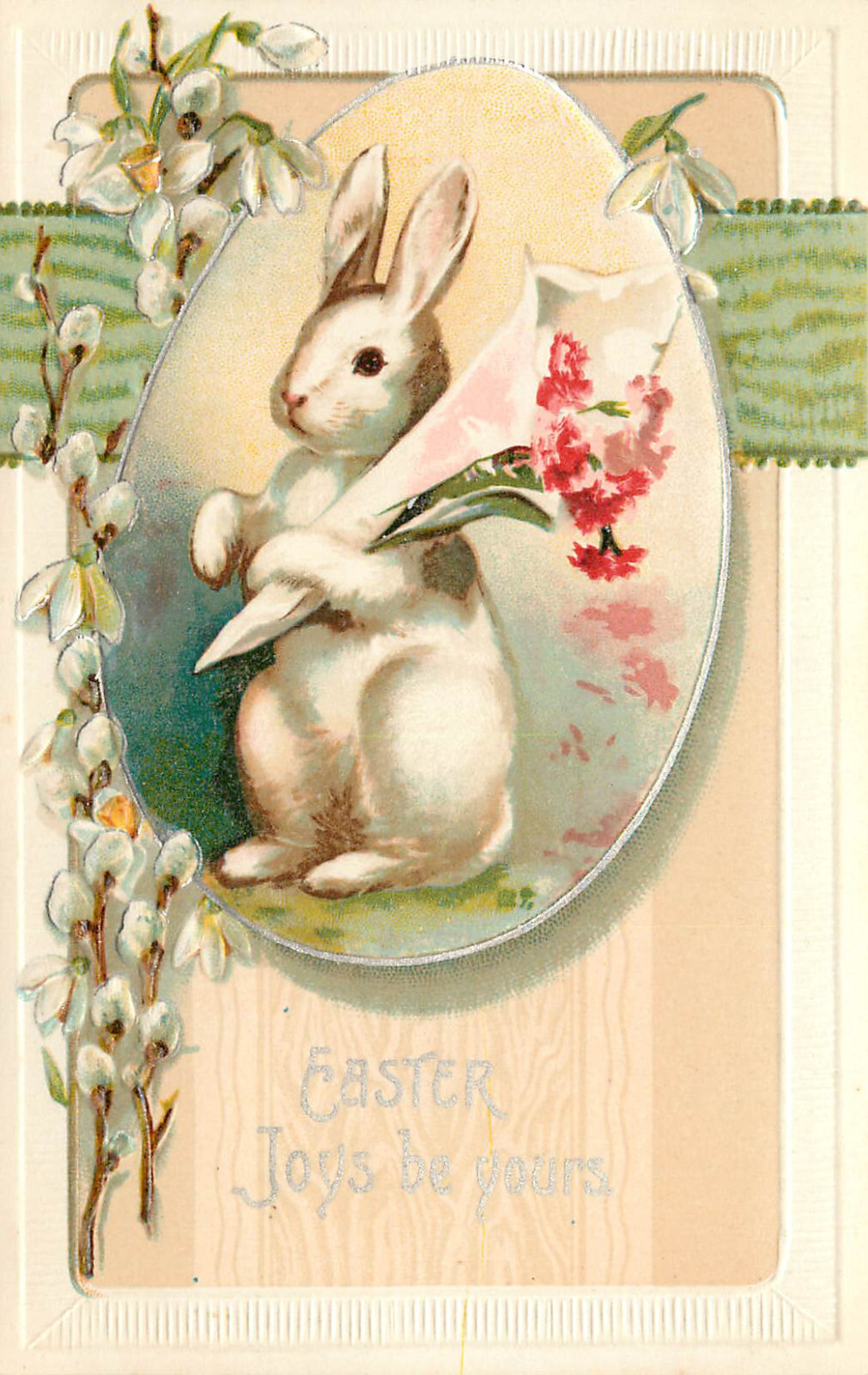 Embossed Easter Postcard Vignette Rabbit Holds Bouquet Of Flowers ...