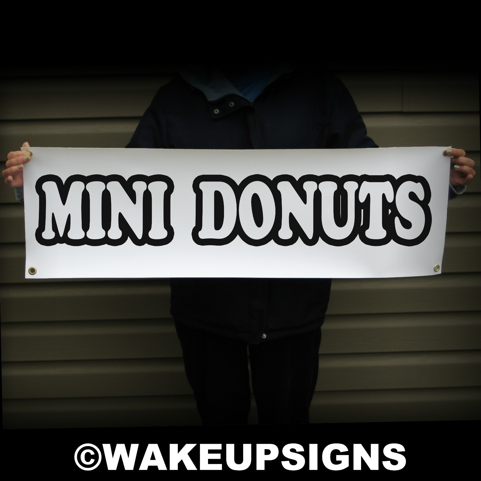 MINI DONUTS BANNER 38" BY 12" OUTDOOR VINYL SCRIM SIGN BAKERY FOOD FAIR ...