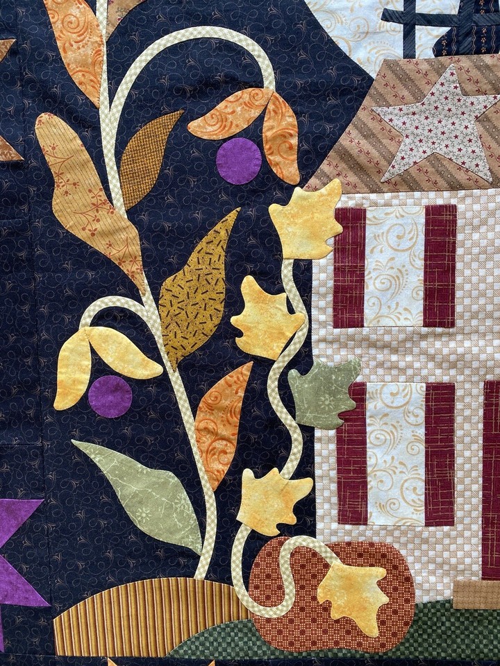 Midnight Silhouette Quilt Top Hand Applique Fall Colors Halloween Black ...