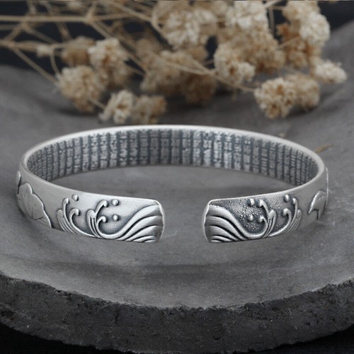 1PC Sterling Silver 925 Buddhism Lotus Heart Sutra Cuff Bracelet Bangle ...