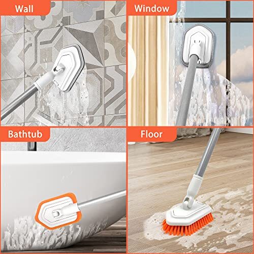 4-in-1 Tile Tub Scrubber with Long Handle, Upgraded Shower Cleaning ...
