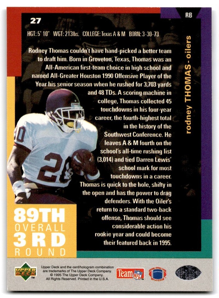 1995 Upper Deck Collector's Choice Rodney Thomas RC Houston Oilers #27 ...