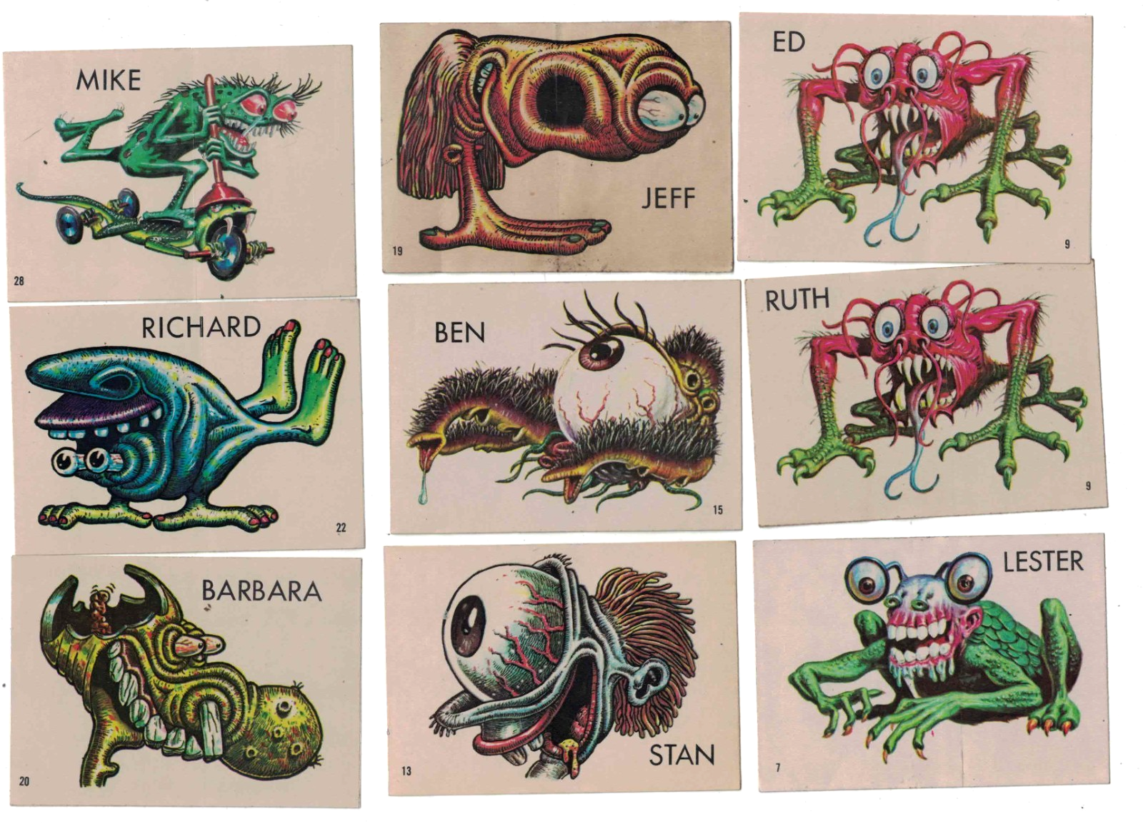 9 Different 1965 Topps Ugly Stickers #7,9,9,13,15,19,20,22,26 No ...