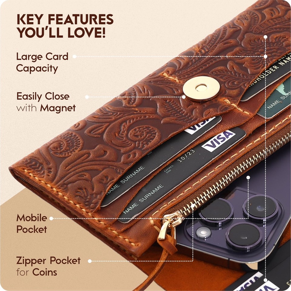 Handmade Western Wallets for Women, Genuine Tooled Leather & Long ...