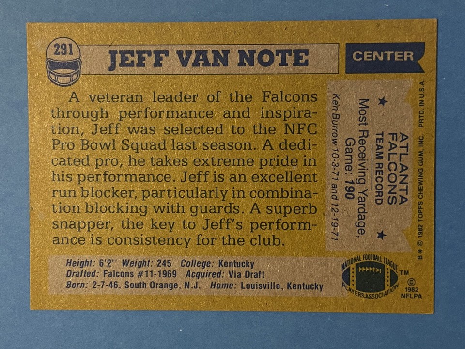 JEFF VAN NOTE Signed 1982 Topps #291 Falcons Kentucky Wildcats ...