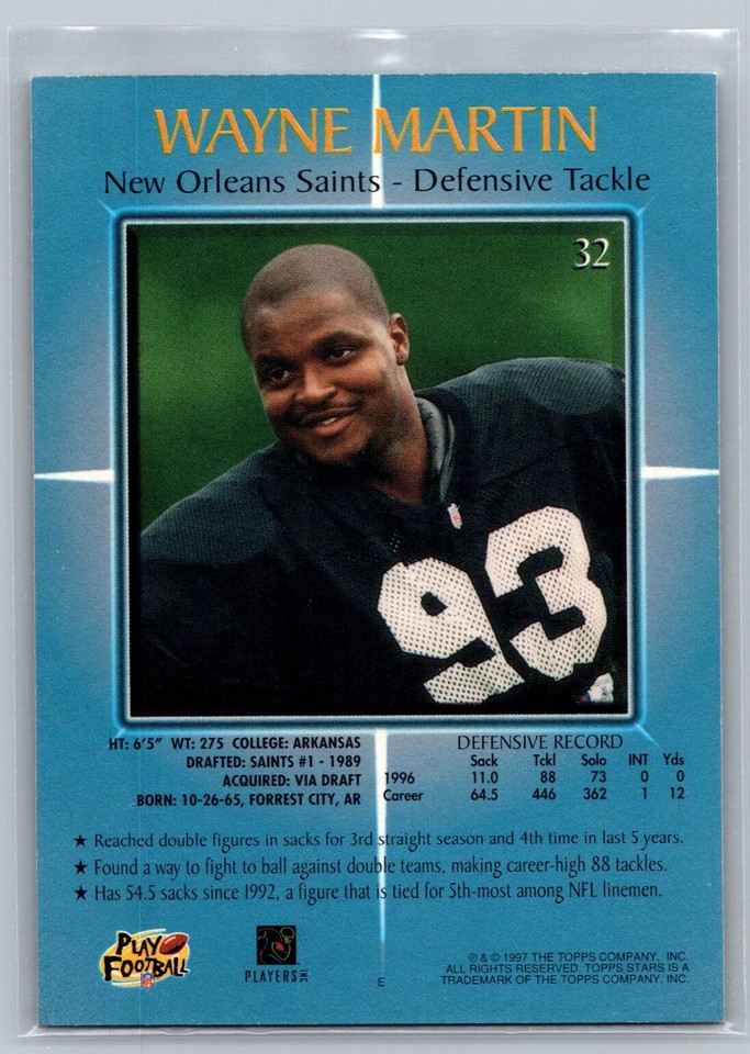1997 TOPPS STARS CARD # 32 Wayne Martin - New Orleans Saints | eBay