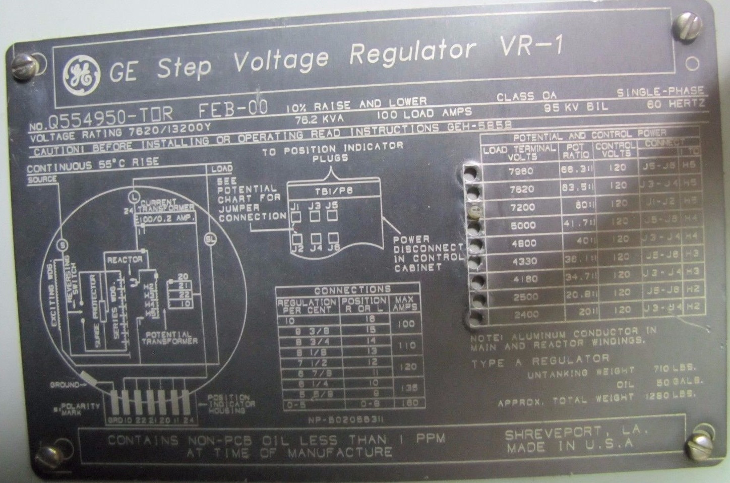 GENERAL ELECTRIC GE VR-1 SM-3 Q554950-TOR 7620/13200Y STEP VOLTAGE ...
