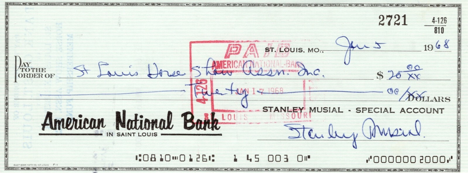 Stan Musial Signed Bank Check 1/5/68 Cut - Cardinals Hall of Fame HOF ...