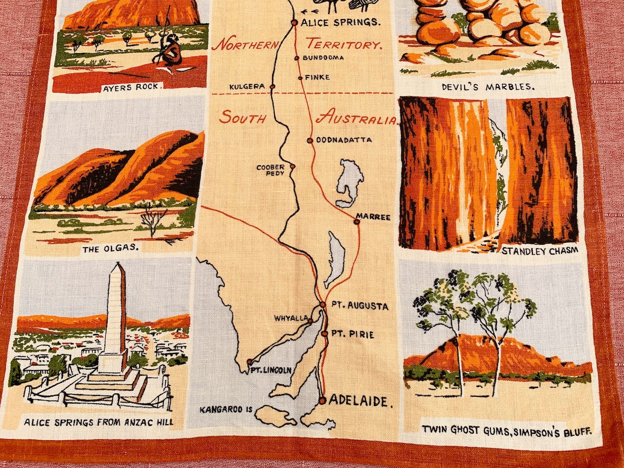 Vintage Polish LINEN Tea Towel - Australian Red Centre Outback Road Map ...