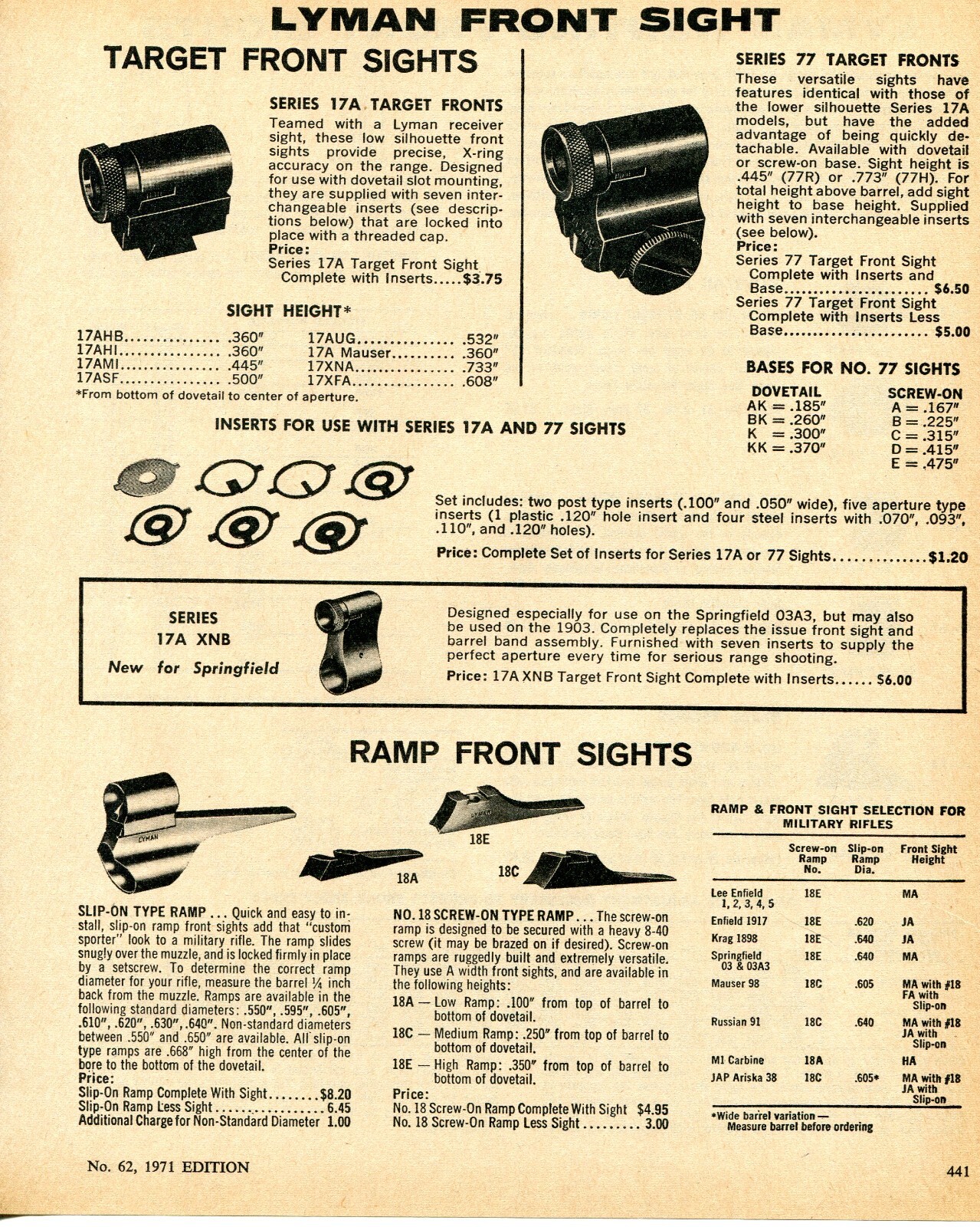 1971 Print Ad of Lyman Front Rifle Sights 17A 77 & Ramps for Military ...