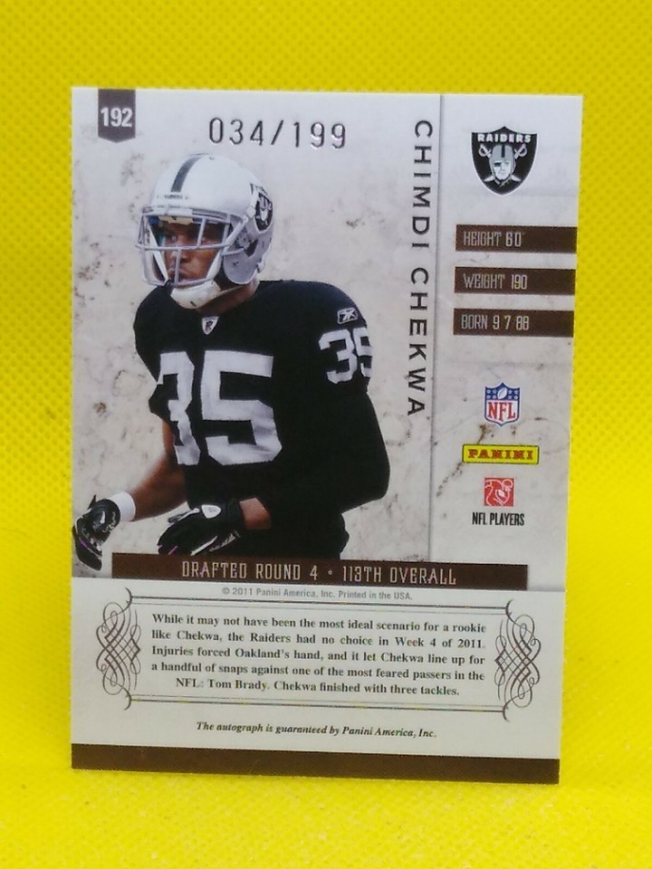 Chimdi Chekwa 2011 Plates & Patches ROOKIE AUTO #192 Raiders Ohio State ...