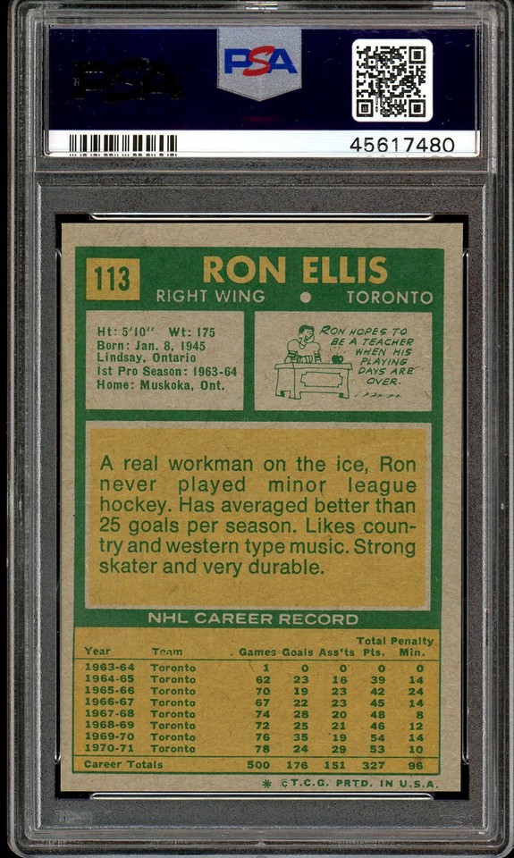 1971-72 Topps Hockey NHL #113 Ron Ellis HOF PSA 9 MINT Toronto Maple ...