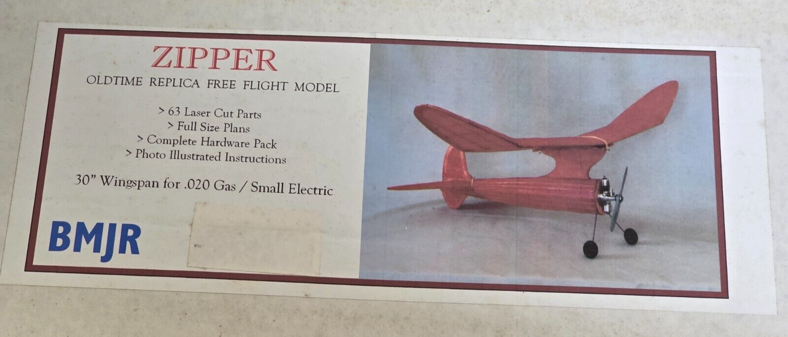 BMJR Zipper 30" Wingspan Model Airplane Kit .020 Gas Electric Vintage ...