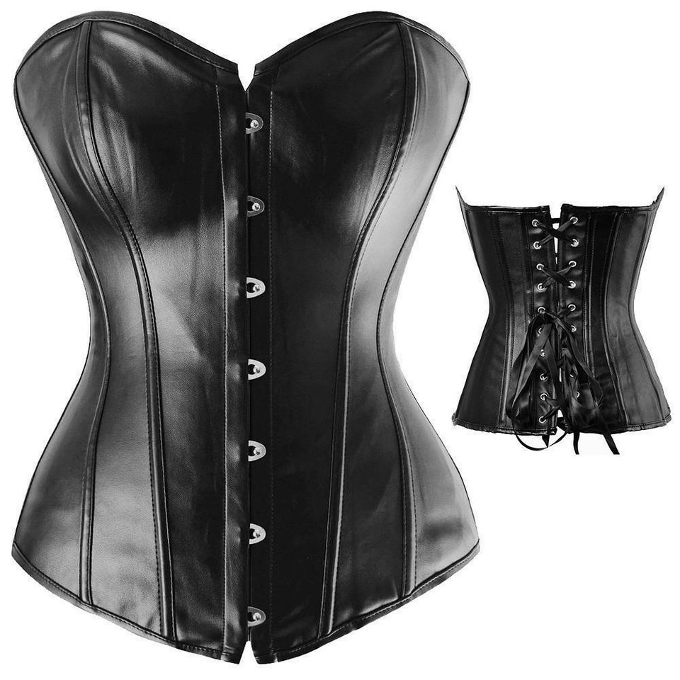 Women Black Burlesque Corset Basque Cincher Lace Up Steampunk Bustier ...