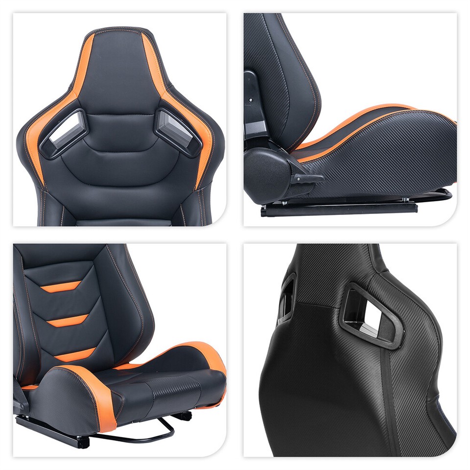 1 Pair Orange Racing Seats PU Leather Reclinable Sport Bucket 2 Seat W ...