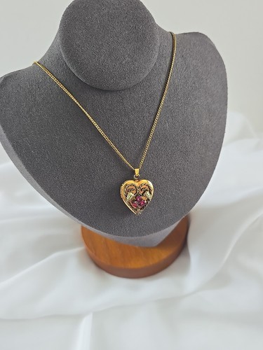 Vintage 12k Gold Filled Heart Locket Pendant Red Stone Flower Design 18 ...