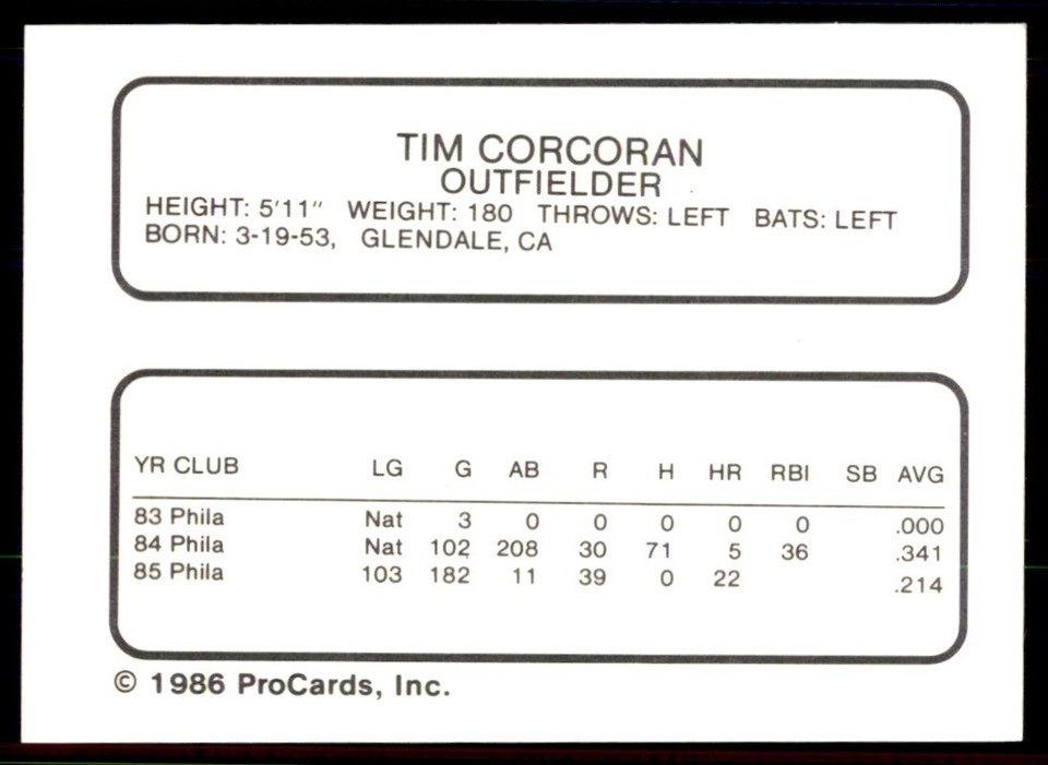 1986 ProCards (Mets Logo) Minor League Tim Corcoran (A) Tidewater Tides ...
