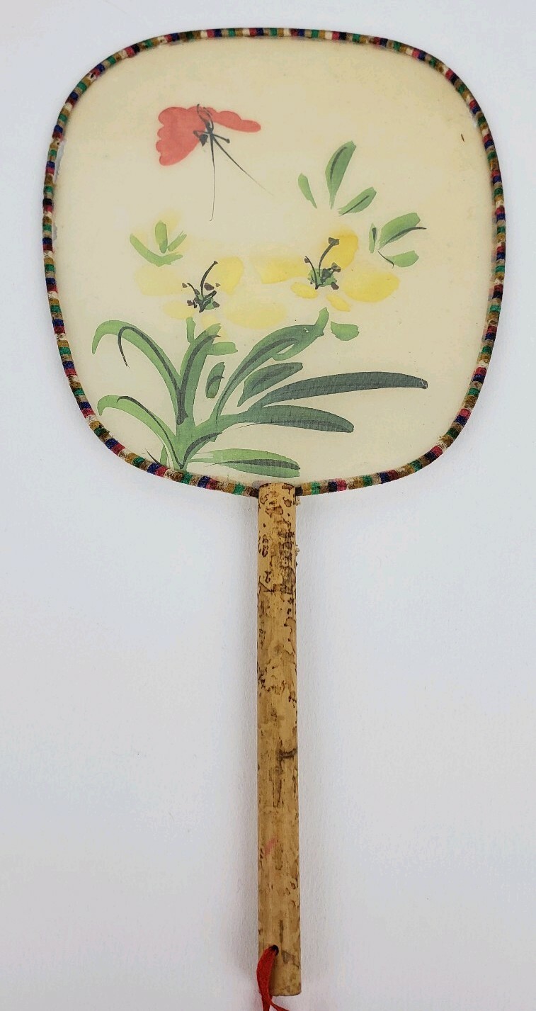 (2) Vintage Oriental Floral Birds Butterfly Wooden Handle Silk Paddle ...