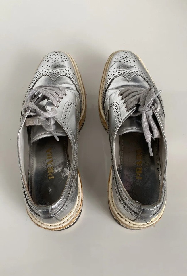 PRADA SS 2011 Silver Leather Brogues Derby Espadrille Creeper Sz 37/US ...
