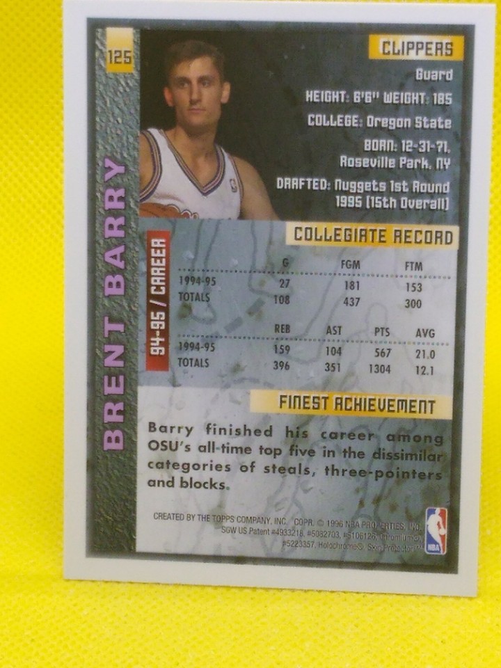 Brent Barry 1995-96 Topps Finest ROOKIE #125 Los Angeles Clippers ...