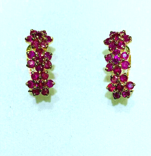 2.5Ct Simulated Red Ruby & Diamond 3-Flower Hoop Earrings 14K Yellow ...